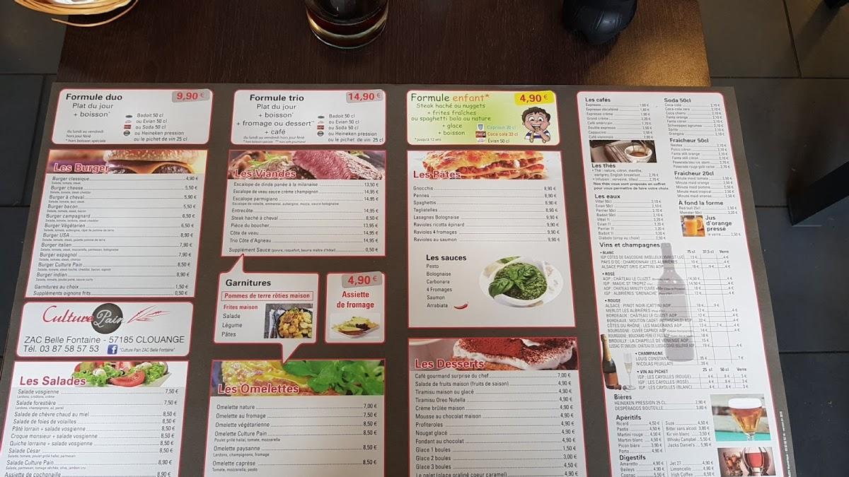 Menu au Culture Pain restaurant, Clouange, Zac Bellefontaine