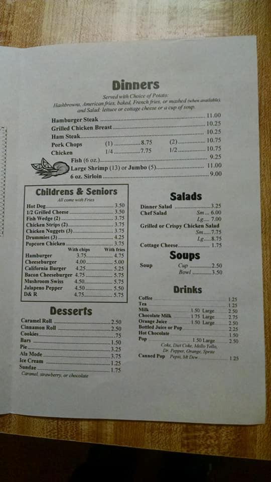 Menu at D & R Cafe, Bagley
