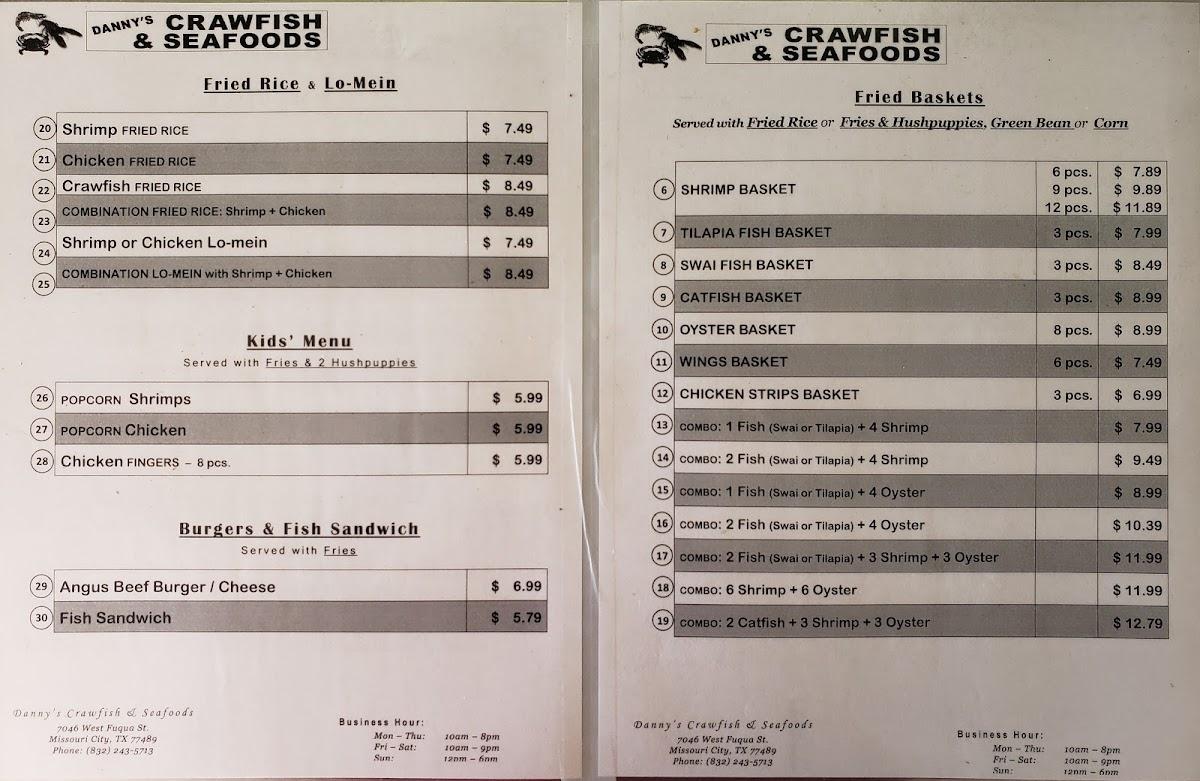 Menu at Danny's Crawfish & Seafood restaurant, Missouri City