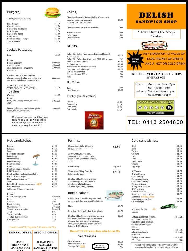 Menu at Delish Sandwich Shop cafe, Yeadon