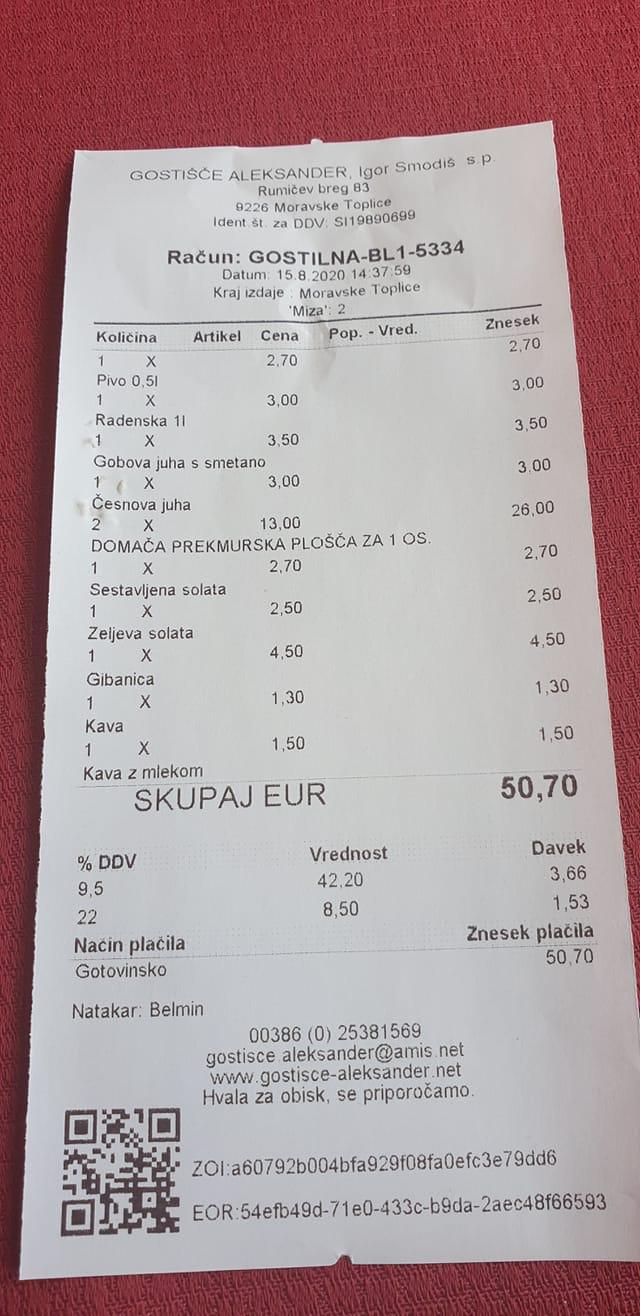 Menu da Guesthouse Aleksander ristorante, Moravske Toplice