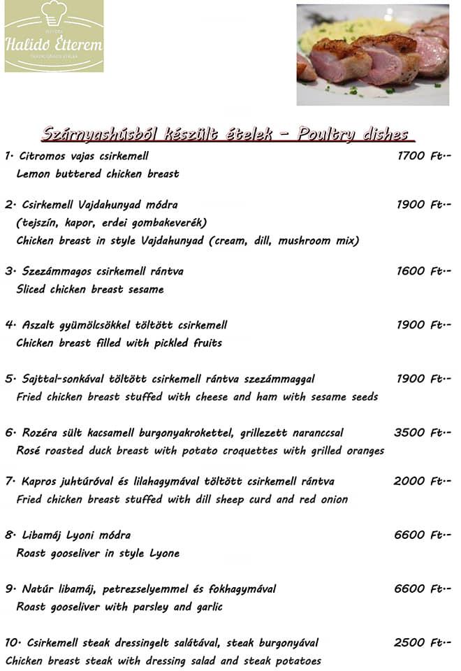 Menu at Halidó étterem restaurant, Hajdúnánás