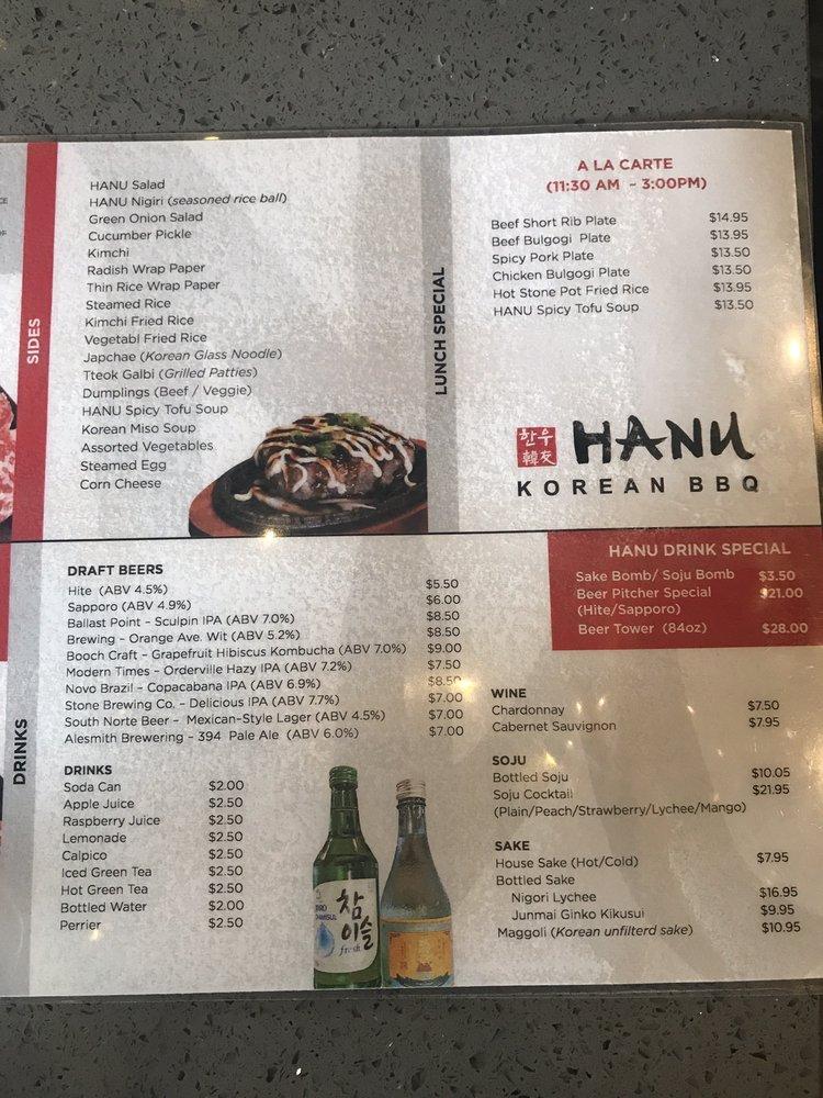 Menu at Hanu Korean Bbq, Chula Vista