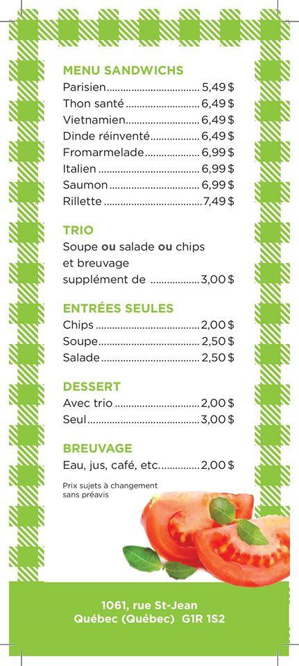 Menu at La Baguette Express restaurant, Québec City
