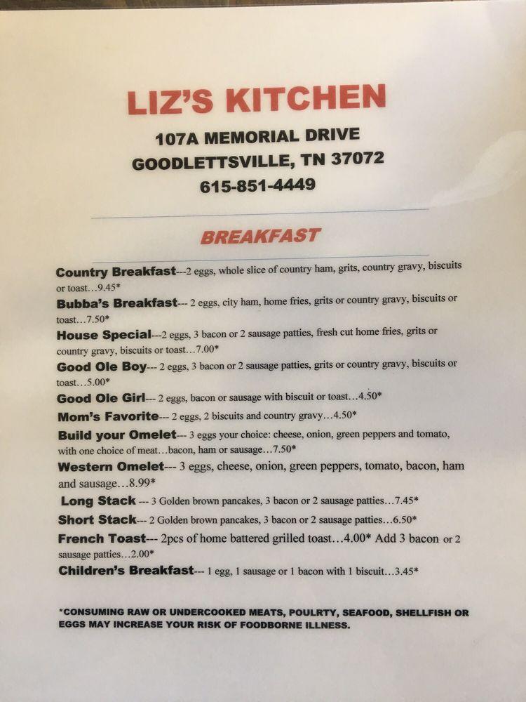 Menu at Liz's Kitchen restaurant, Goodlettsville