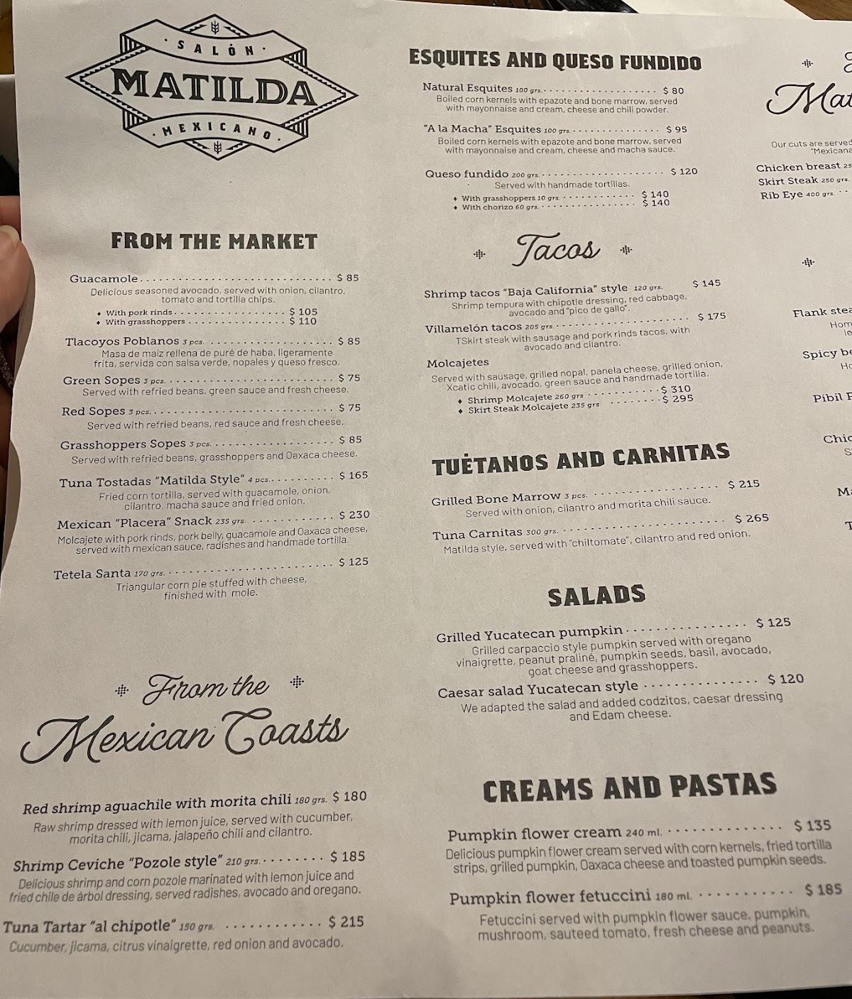 Carta de parrilla Matilda Salon Mexicano, Merida