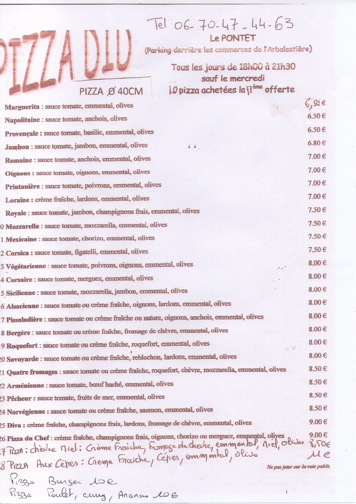 Menu at Pizza Did pizzeria, Le Pontet