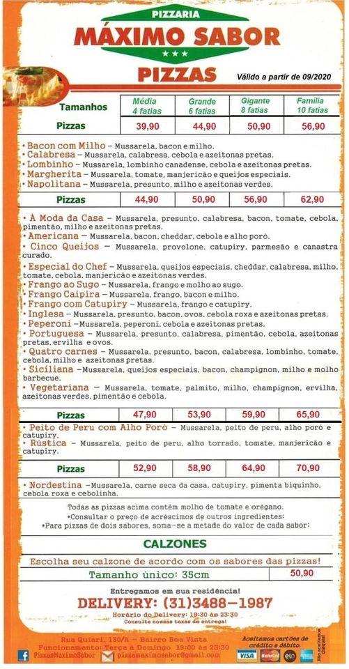 Menu em Pizzas Máximo Sabor pizzaria, Belo Horizonte