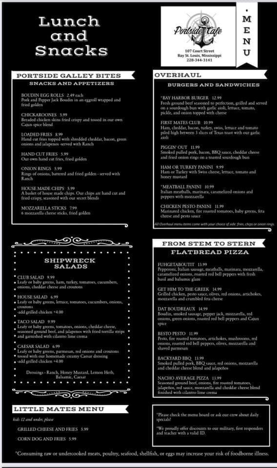 Menu at Portside Cafe, Bay Saint Louis