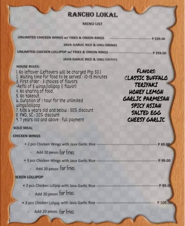 Carta del restaurante Rancho Lokal - Katipunan Avenue, Novaliches ...