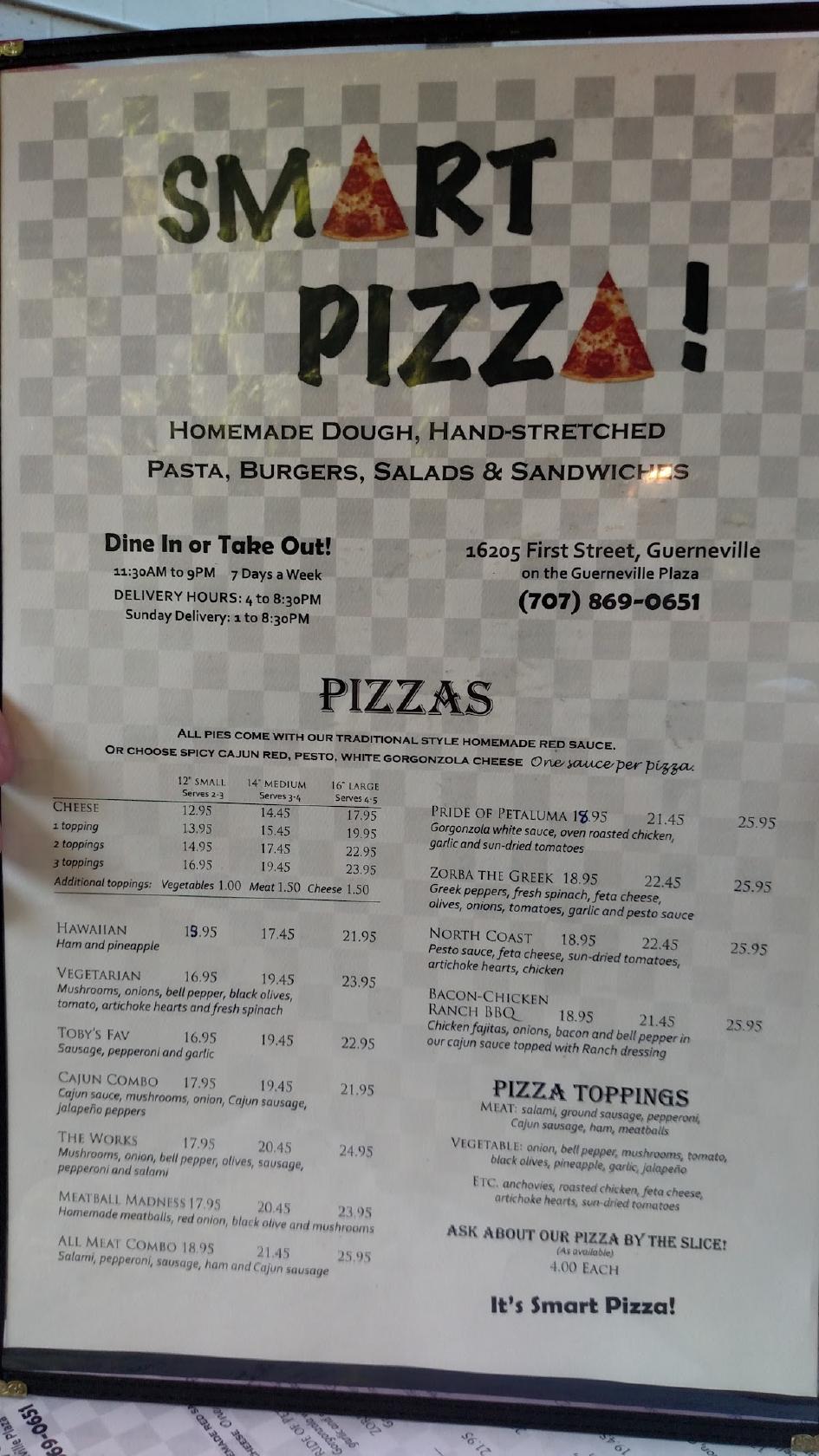 Menu at Smart Pizza pizzeria, Guerneville