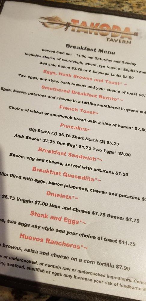 Menu at Takoda Tavern pub & bar, Parker, Pine Bluffs Way