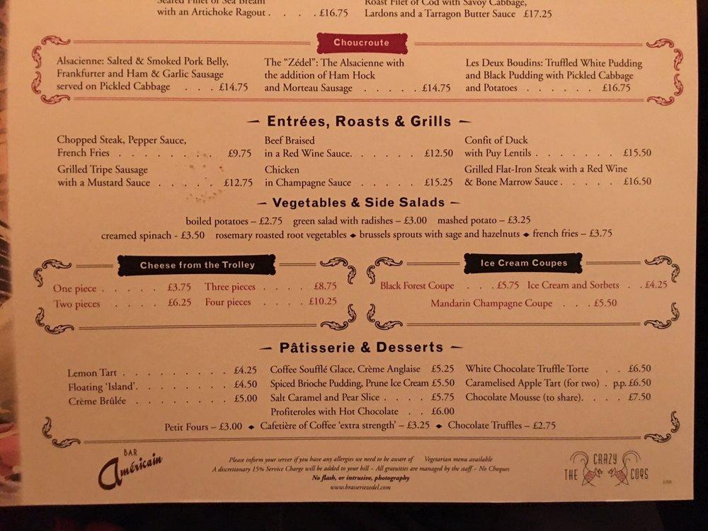 Menu at Brasserie Zédel pub & bar, London, 20 Sherwood St