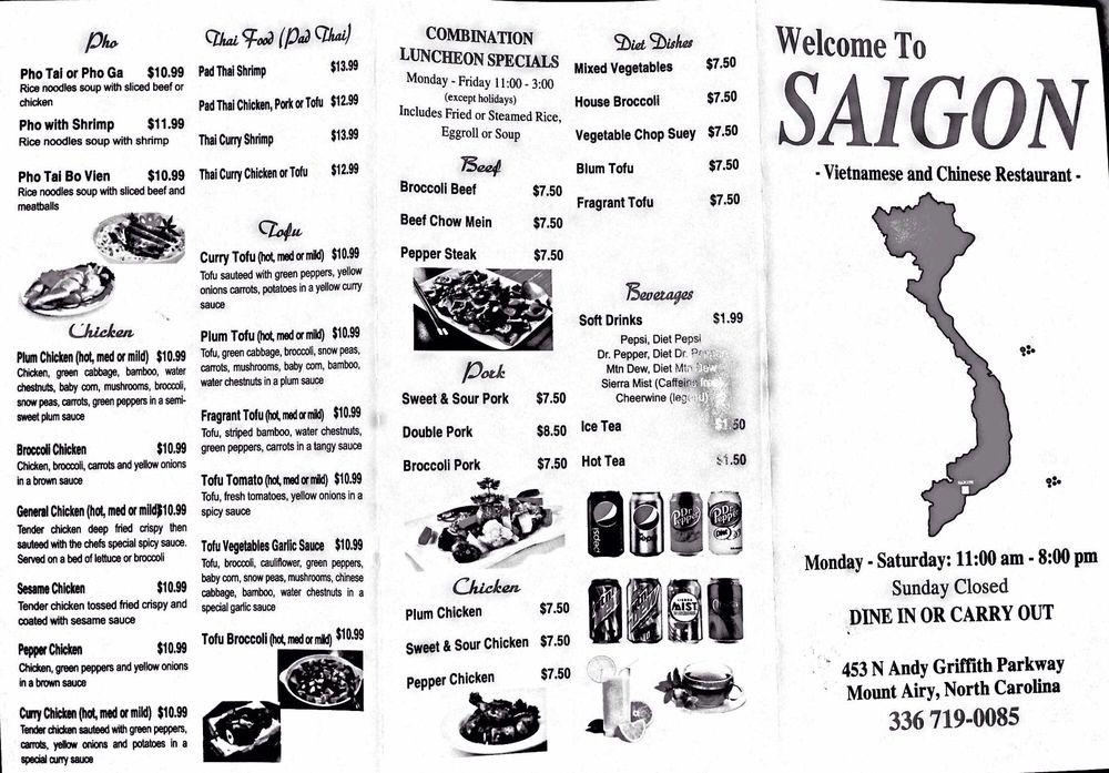 Menu at Saigon restaurant, Mount Airy