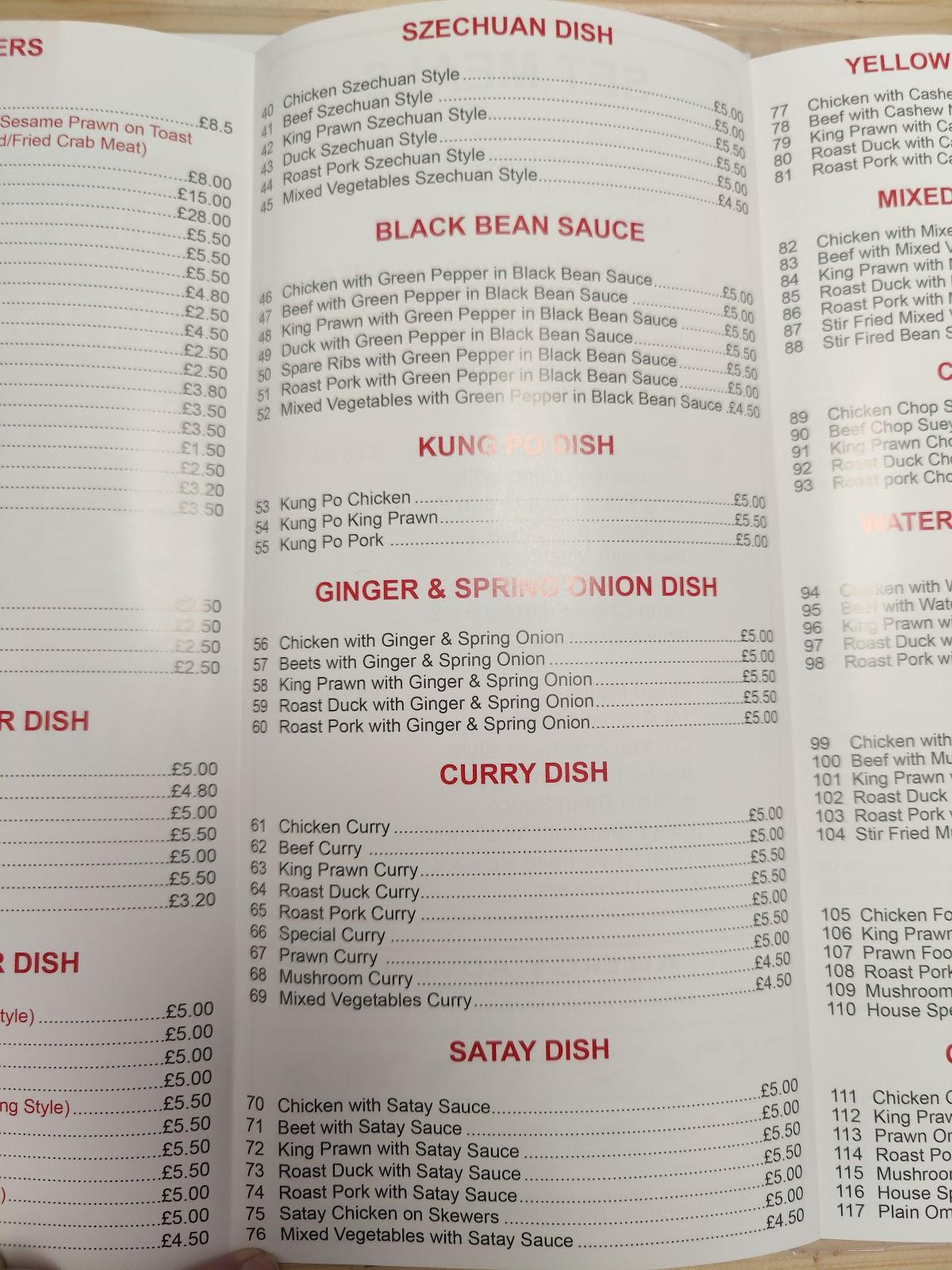Menu at Shang High fast food, Blandford Forum