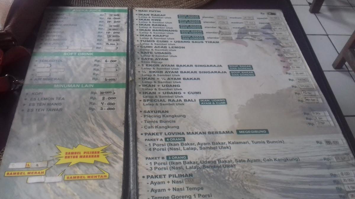 Menu at Warung Lovina Balinese Seafood restaurant, South Jakarta