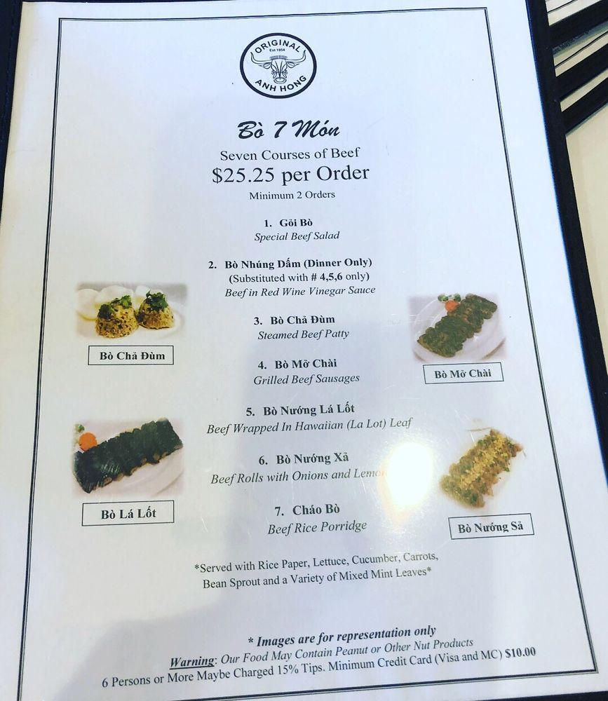 Menu at Anh Hong Restaurant, San Jose