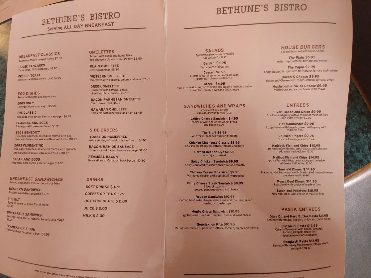 Menu at Bethune's Bistro restaurant, Gravenhurst