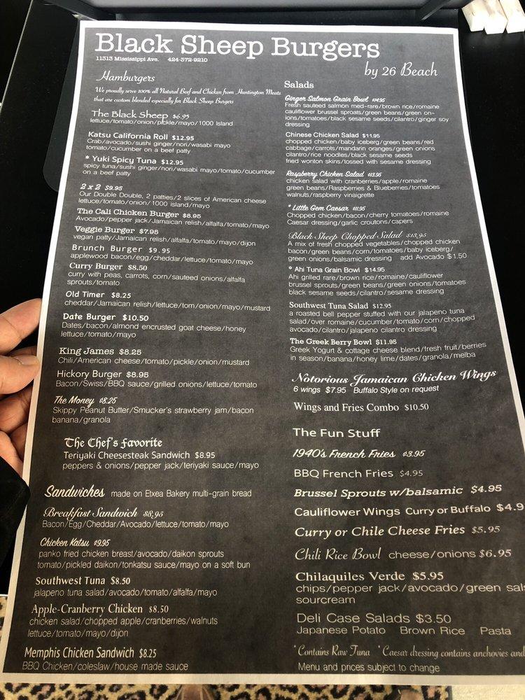 Menu at Black Sheep Burgers restaurant, Los Angeles