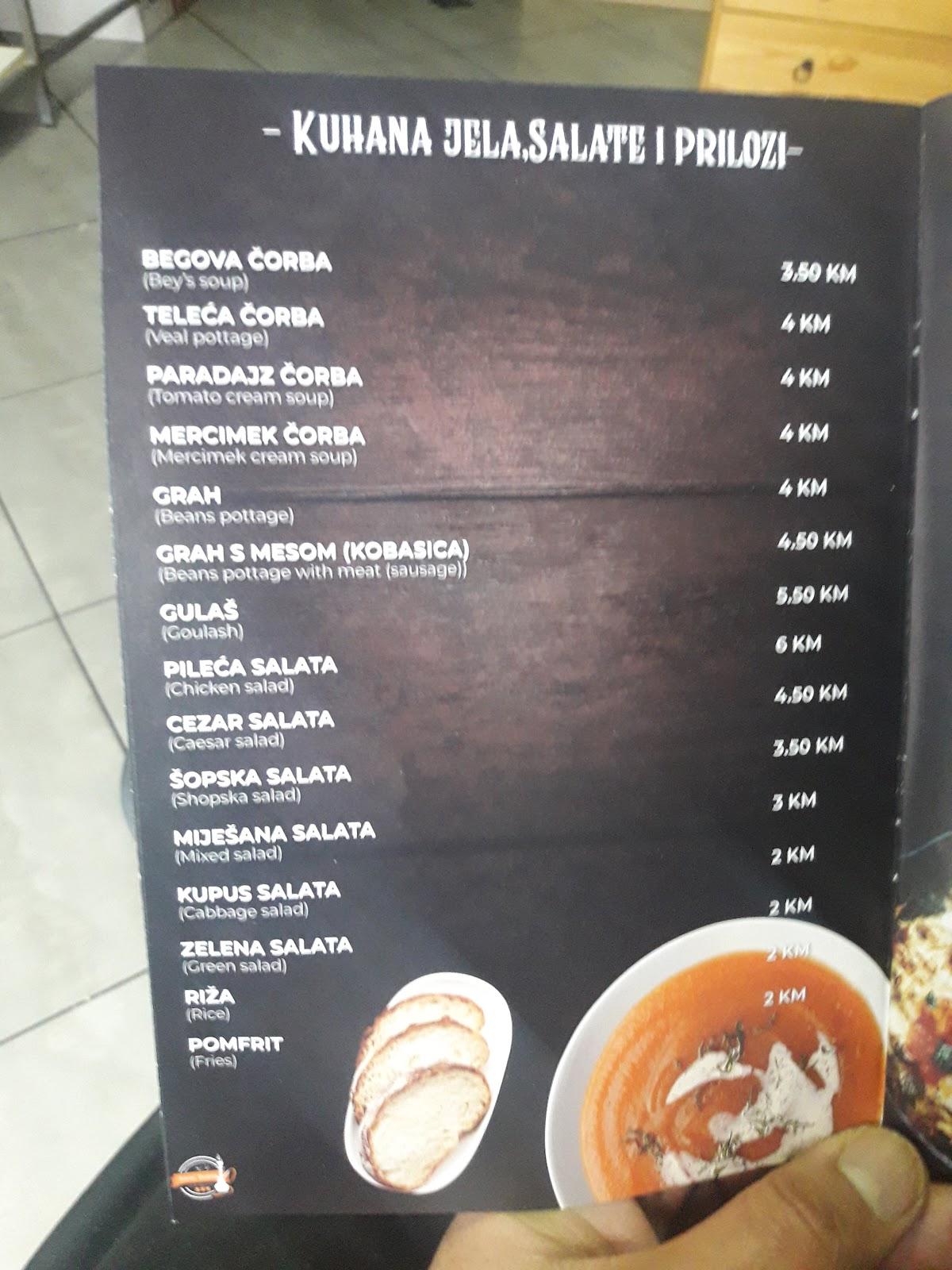 Menu at Saray Bosna restaurant, Ilidža