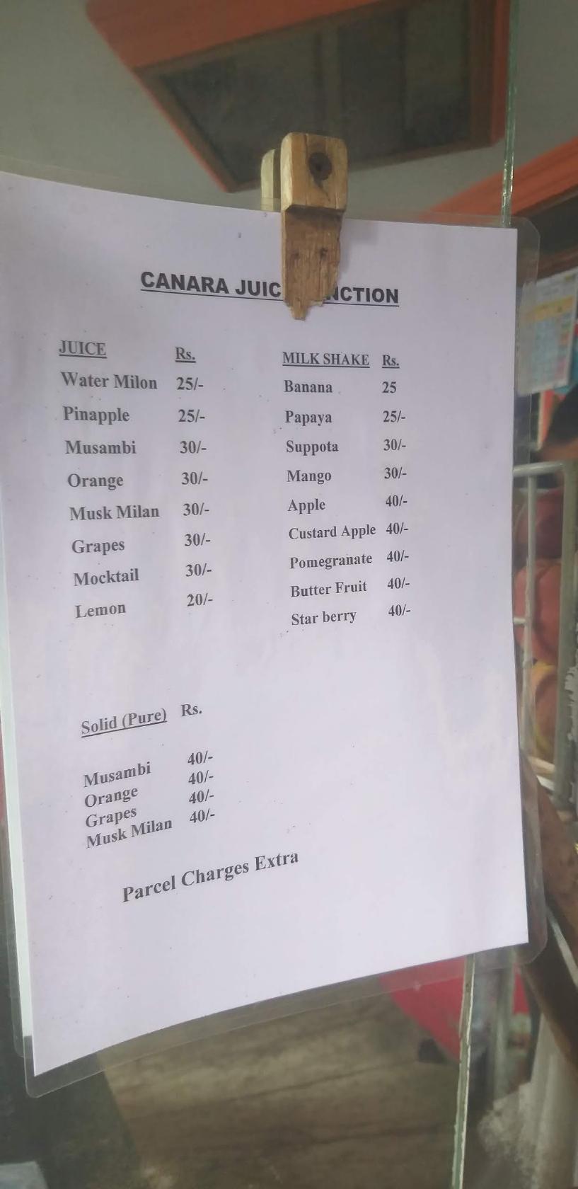 Menu at Canara juice junction, Bengaluru