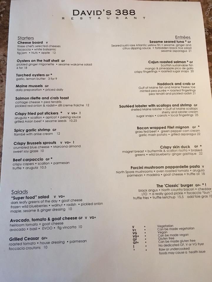 Menu at Davids 388 Restaurant, South Portland