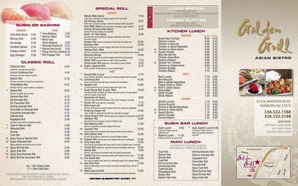 Menu at Golden Grill Asian Bistro restaurant, Roxboro