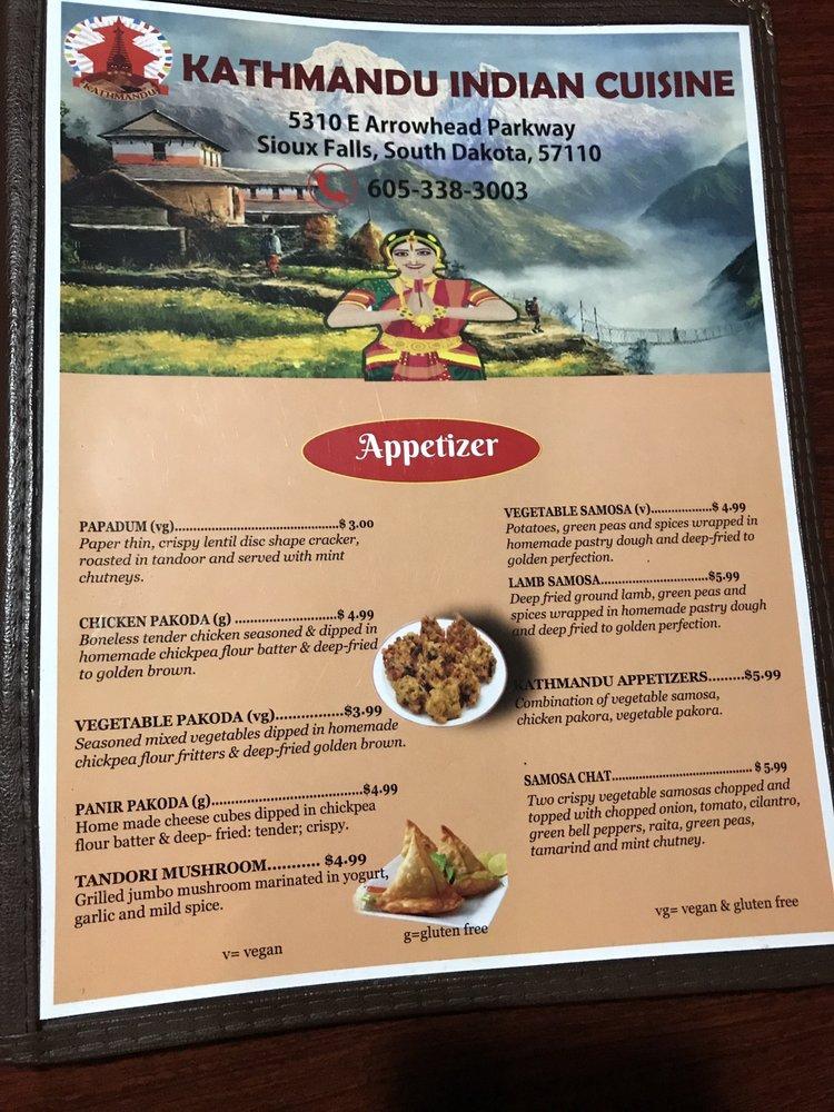 Menu at Kathmandu Indian Cuisine restaurant, Sioux Falls