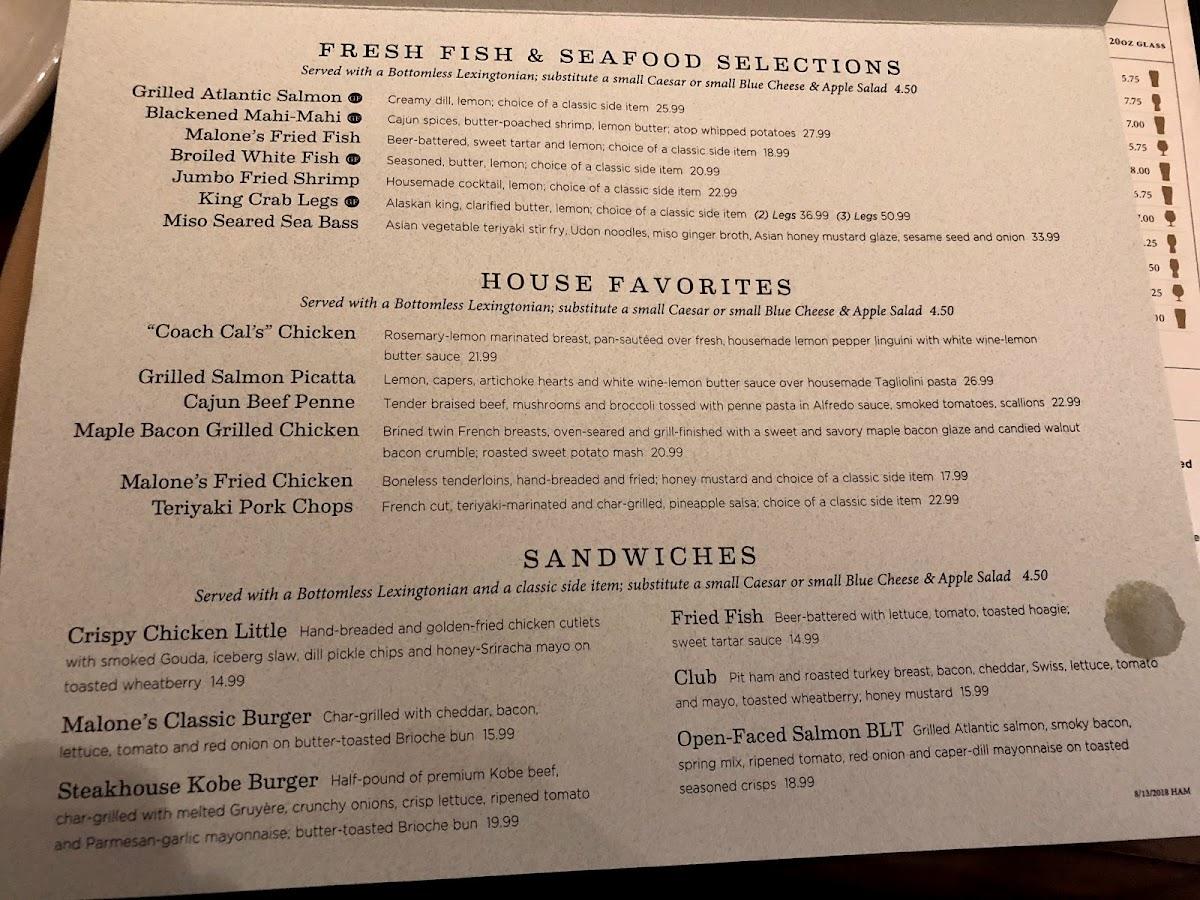 Menu at Malone's Hamburg restaurant, Lexington, Pleasant Ridge Dr