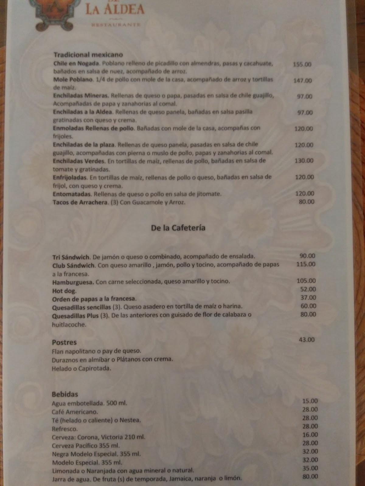 Menu at Mesón De La Aldea restaurant, San Miguel de Allende