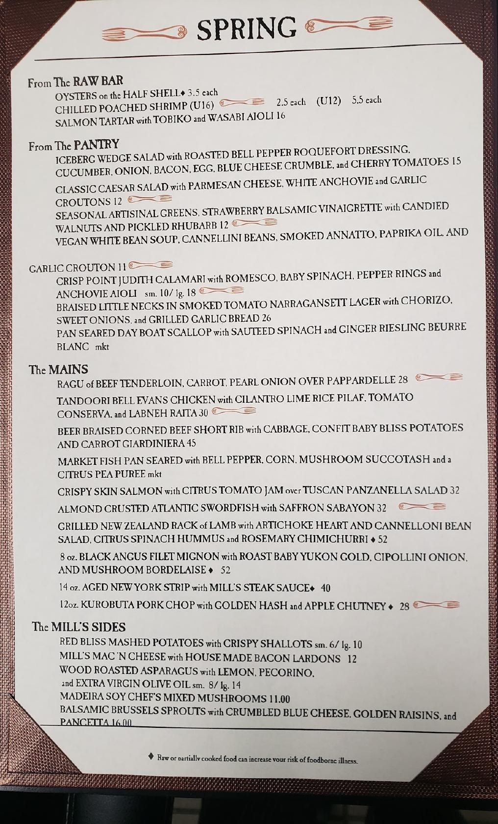 Menu at Mills Tavern steakhouse, Providence