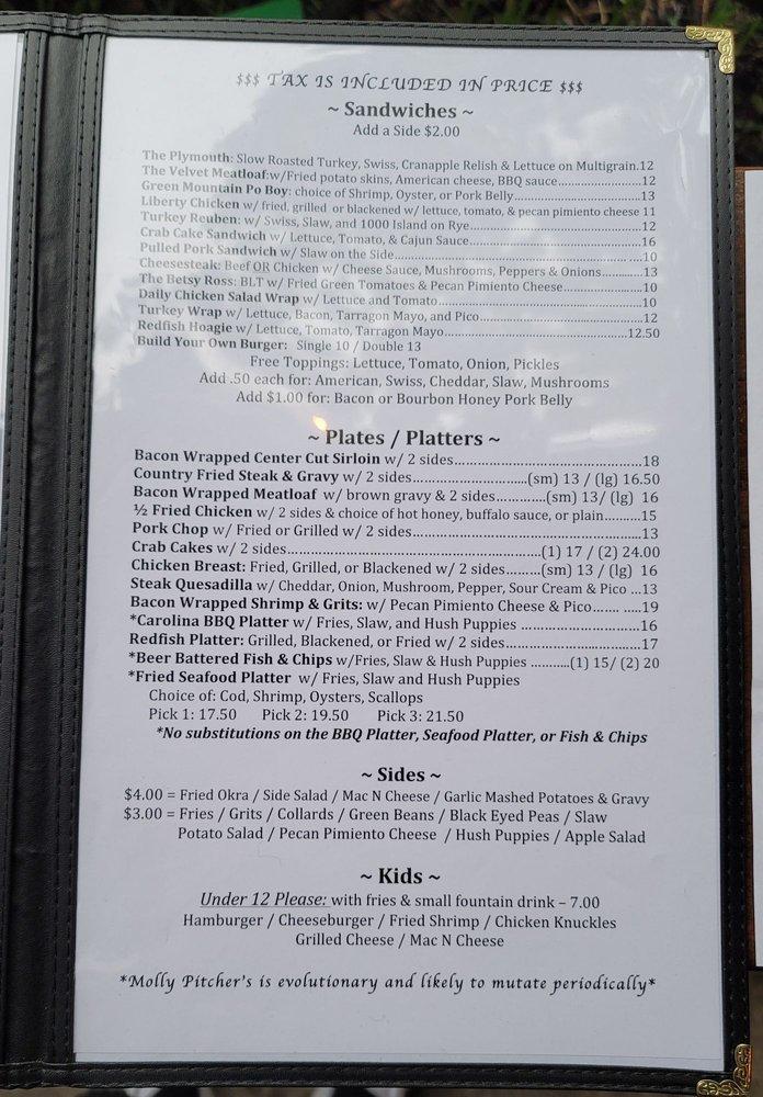 Menu at Molly Pitcher's American Grill restaurant, Wilmington
