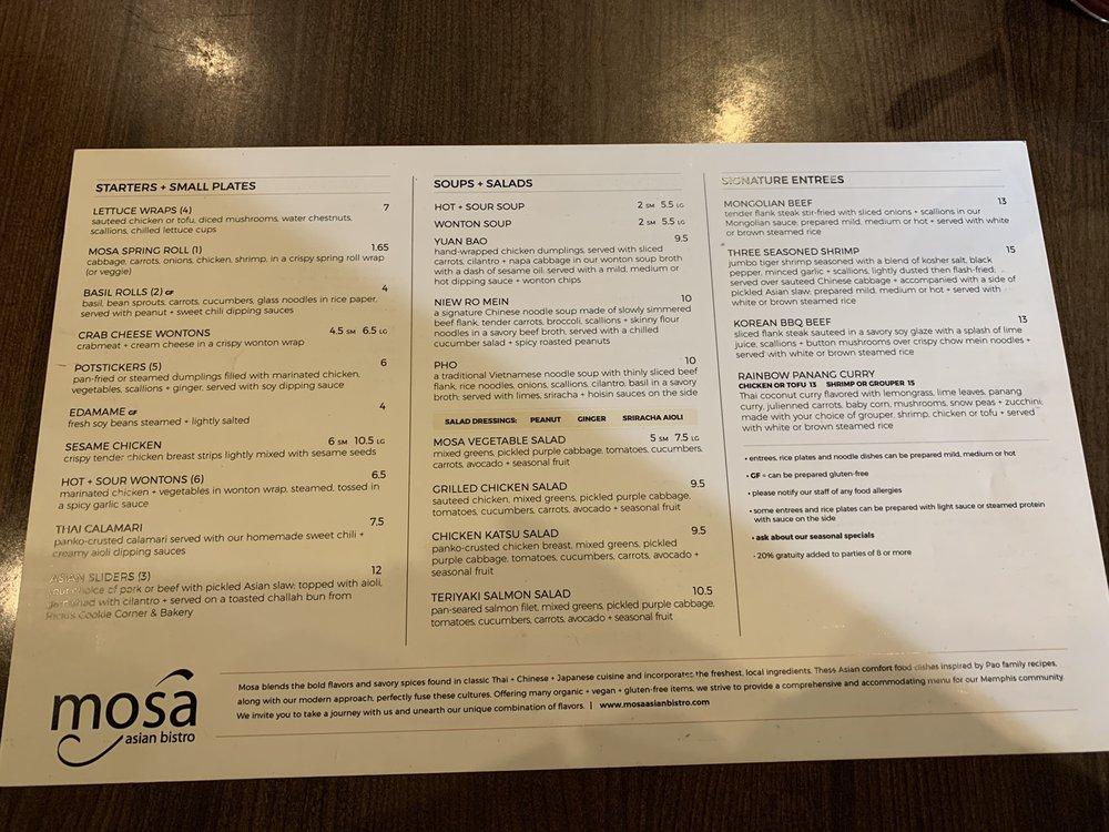Menu at Mosa Asian Bistro restaurant, Memphis, 850 S White Station Rd