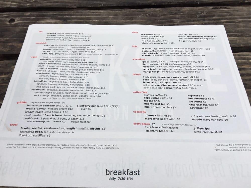 Menu at Parkside Cafe, Stinson Beach