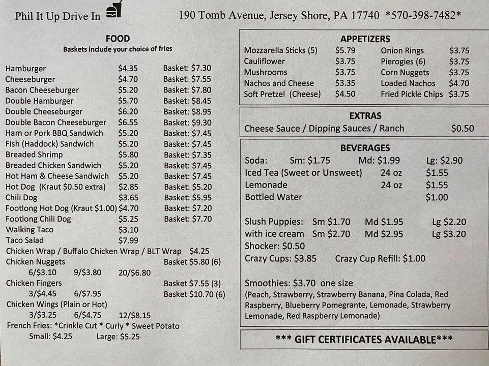 Menu at Phil-It Up Drive In, Jersey Shore