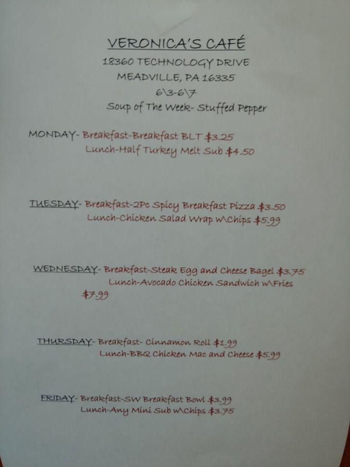 Menu at Veronica's Cafe, Meadville