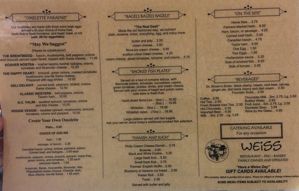 Menu at Weiss Deli restaurant, Henderson