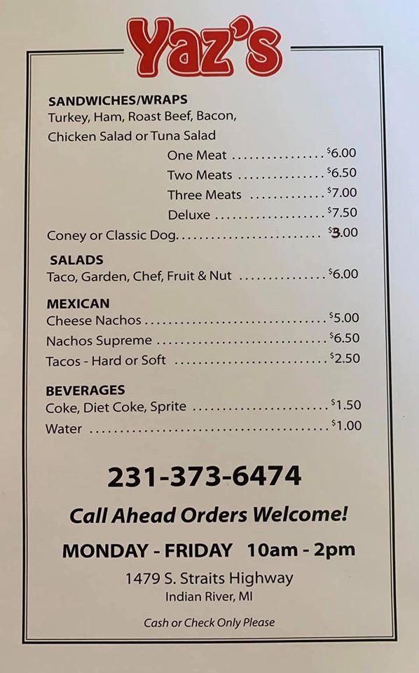 Menu at Yaz's restaurant, Indian River