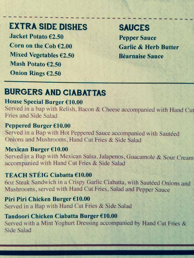 Menu at Biddys Teach Steig pub & bar, Athlone, 85 Sean Costello Street