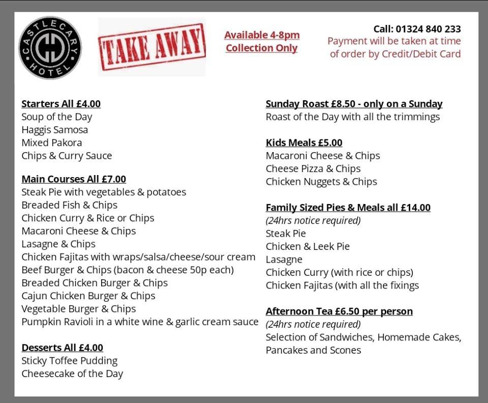 Menu at Castlecary Hotel restaurant, Cumbernauld