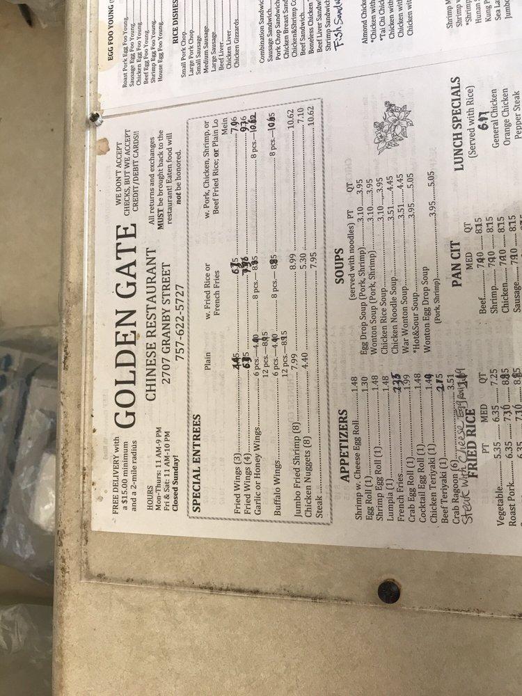 Menu at Golden Gate restaurant, Norfolk