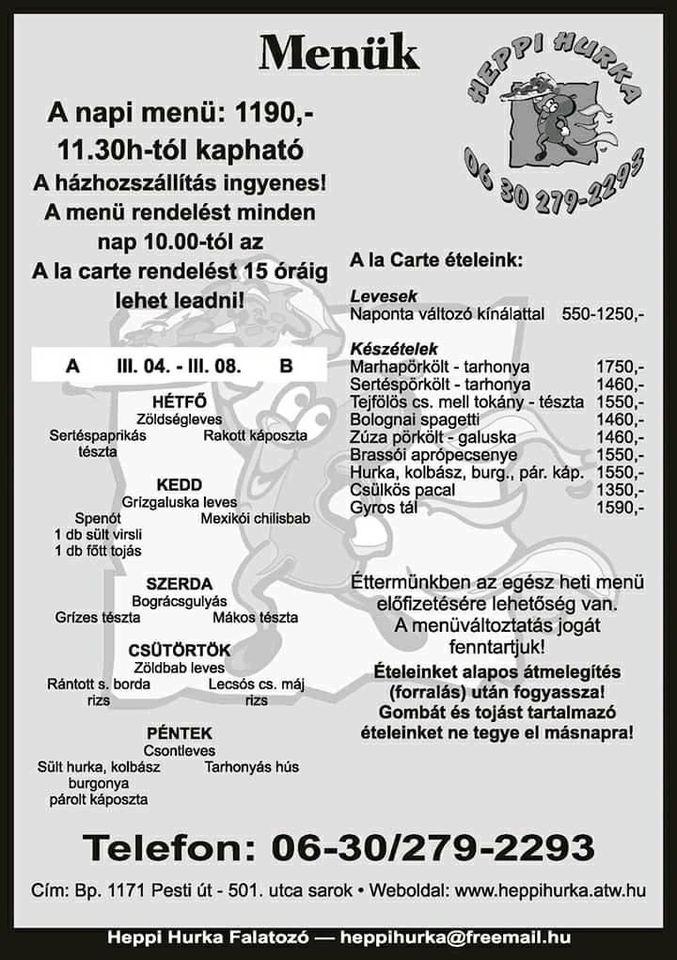 Menu at Heppi Hurka Falatozó restaurant, Budapest, 501. u.