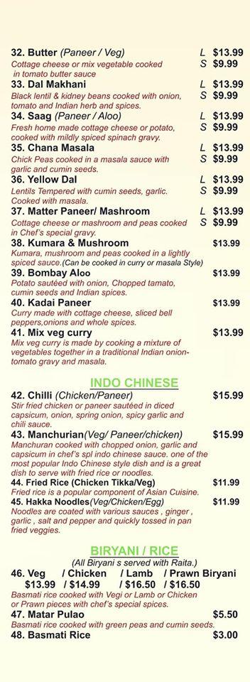 Menu at Indian Pavilion restaurant, Tauranga