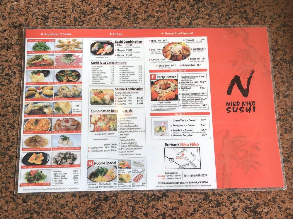 Menu at Niko Niko Sushi restaurant, Burbank