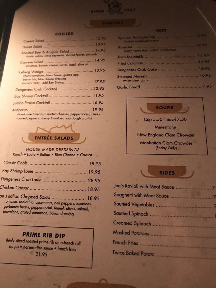 Menu at Original Joe's steakhouse, San Francisco, 601 Union St