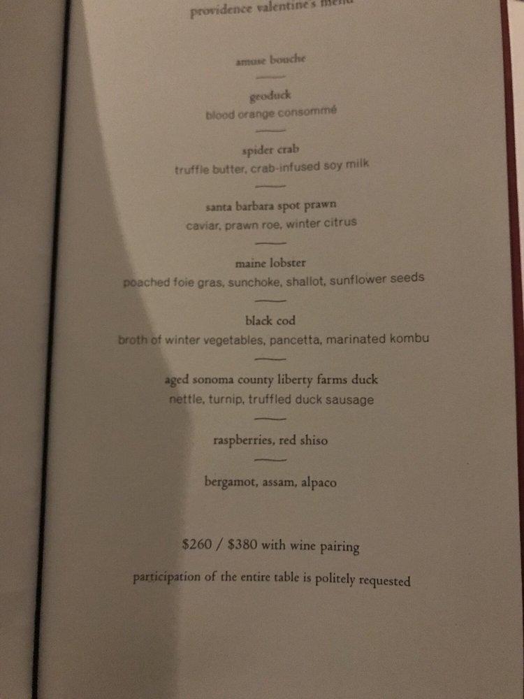 Menu at Providence restaurant, Los Angeles