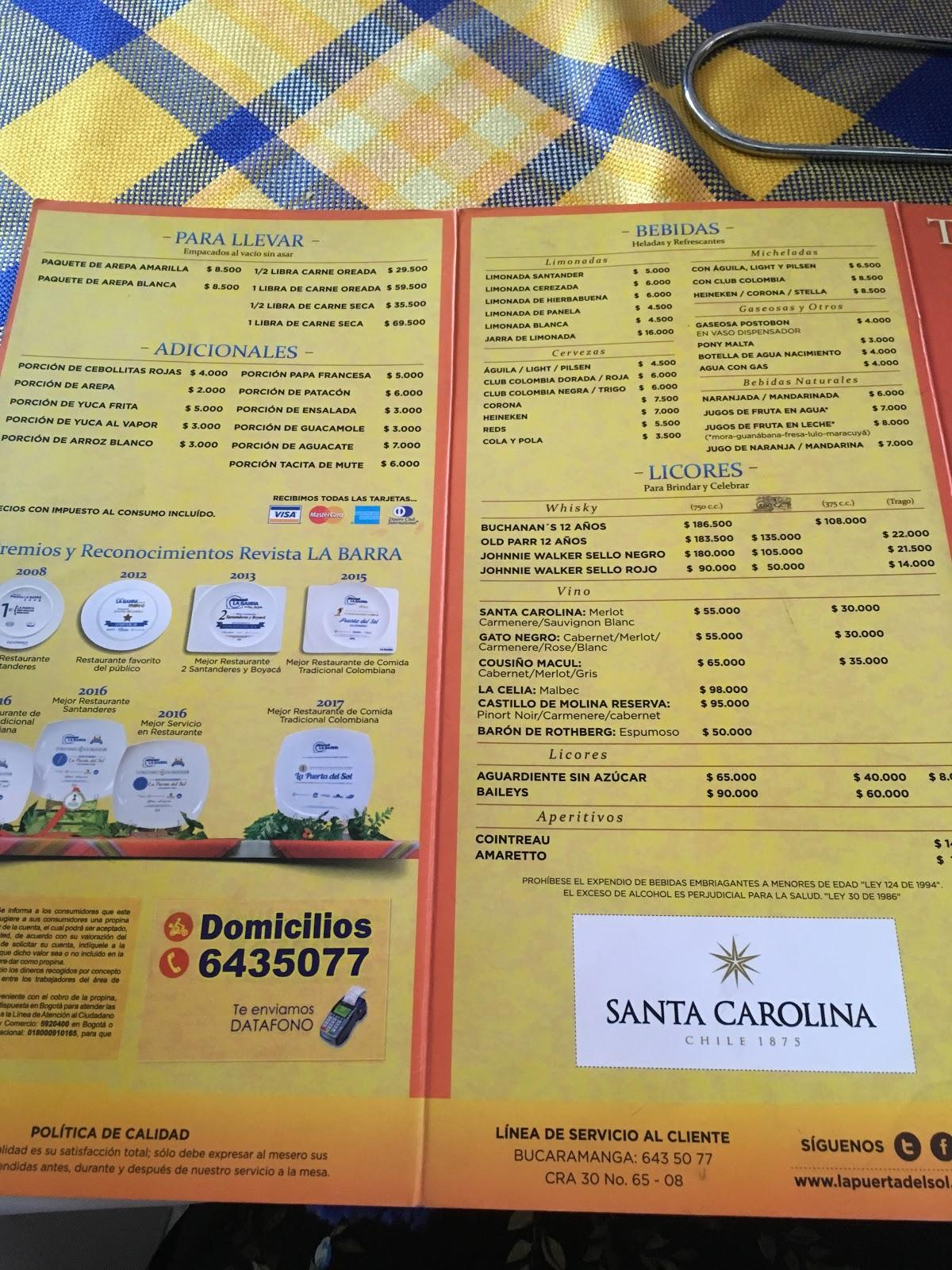 Menu at Puerta Del Sol pub & bar, Bucaramanga