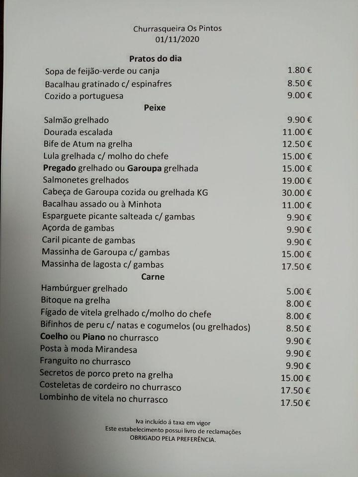 Menu at Os Pintos restaurant, Alverca do Ribatejo