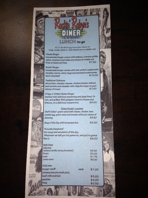 Menu at Rockin' Robyn's restaurant, Edmonton