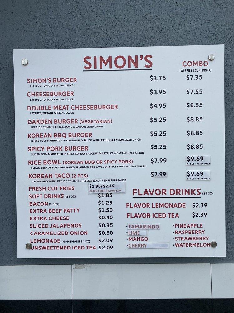Menu at Simon's Burger restaurant, Austin